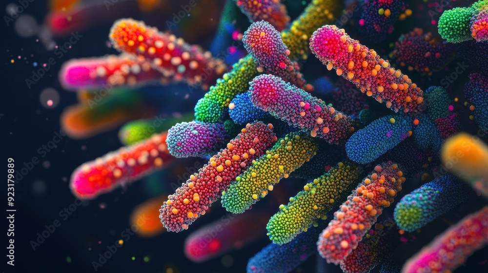 Microscopic bacteria with fluorescent staining, glowing colors ...