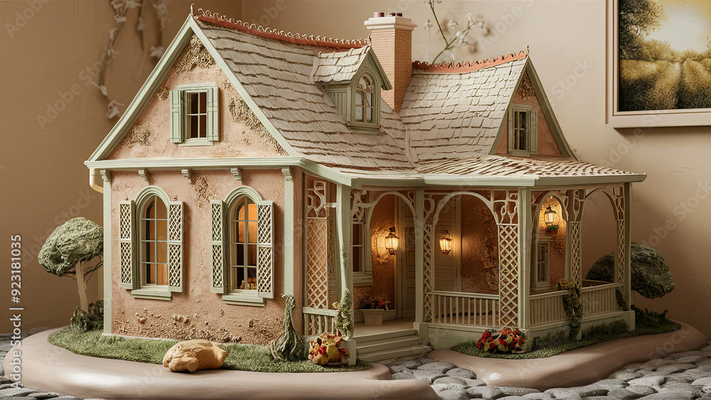 Exquisitely detailed model of a vintage Victorian-style dollhouse with ...