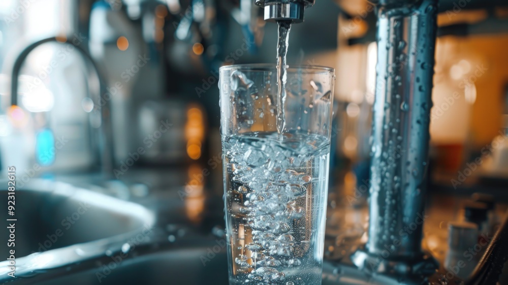 Clean water output from a modern purification system, captured as it ...