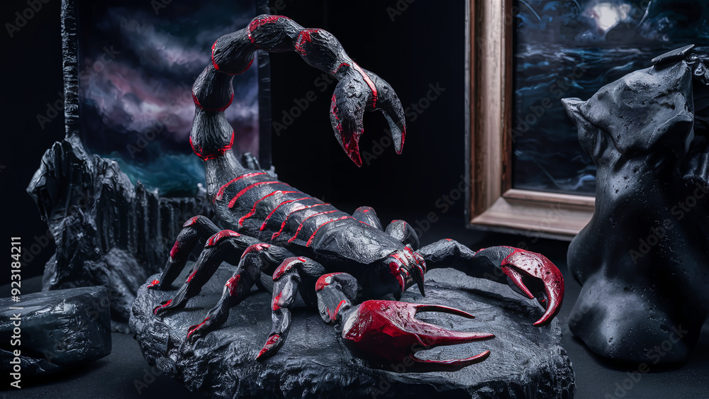 Mysterious and intense sculpture of a black scorpion with red accents ...