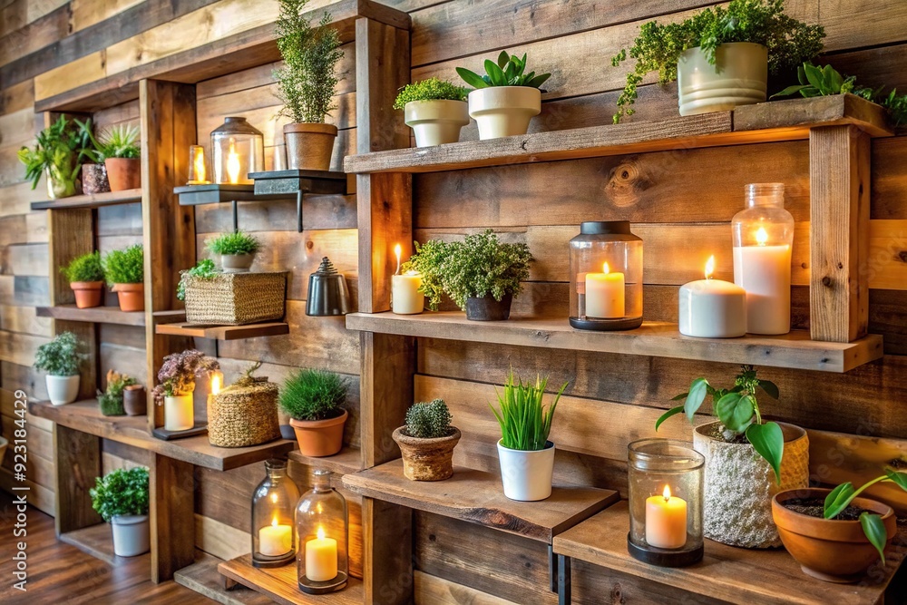 Rustic wooden shelves display an assortment of eco-friendly home decor ...
