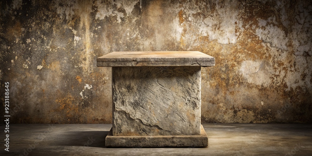 Weathered stone podium stands firmly on a rustic background, its rugged ...