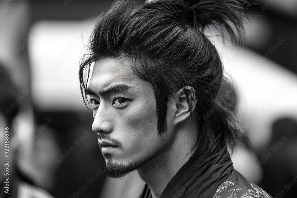 Black and white portrait of a young asian man with a chonmage hairstyle ...