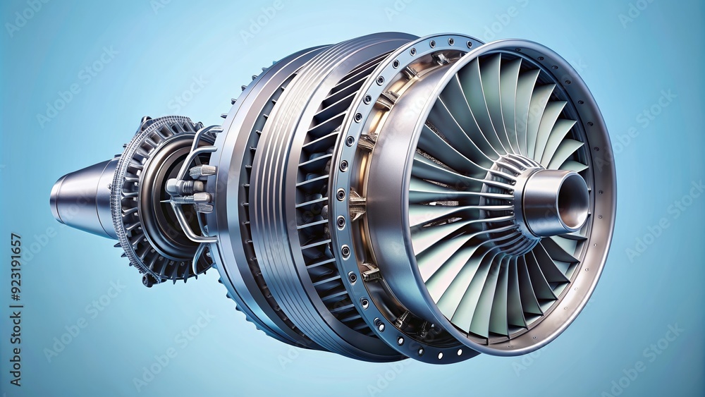 Cross section of turbofan jet engine isolated on light blue background. rendering image with ...
