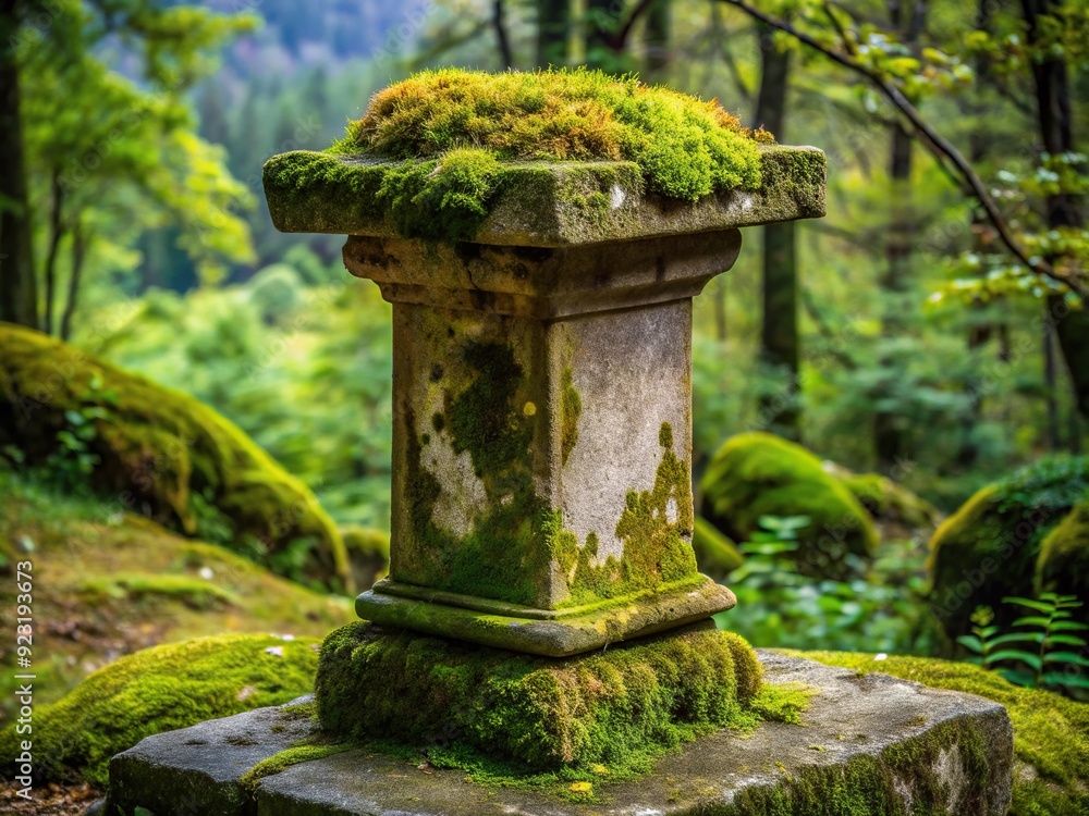 Ancient, weathered stone pedestal stands solitary, its rugged, moss ...