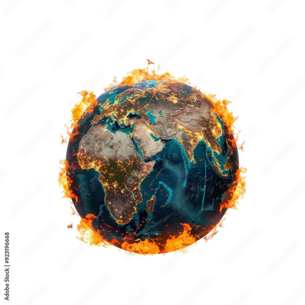 globe earth on fire climate change concept map front view isolate on ...