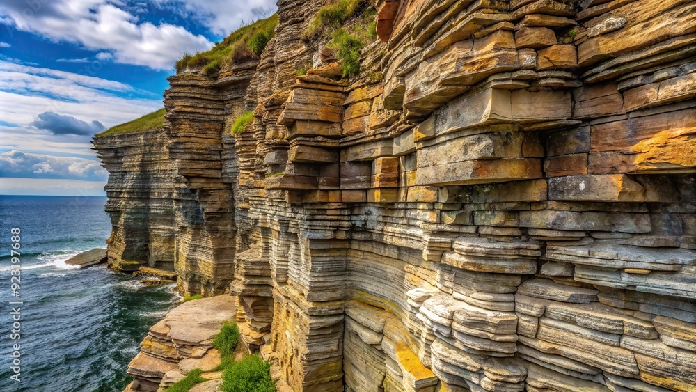 Weathered stone cliff face shows effects of centuries of erosion, with ...