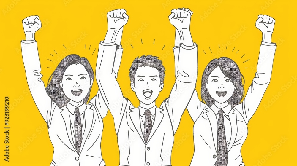 two-tone colors of yellow and white, three figures enthusiastically ...