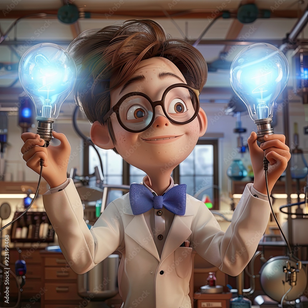 adorable young scientist character, shown in a dynamic and colorful lab ...