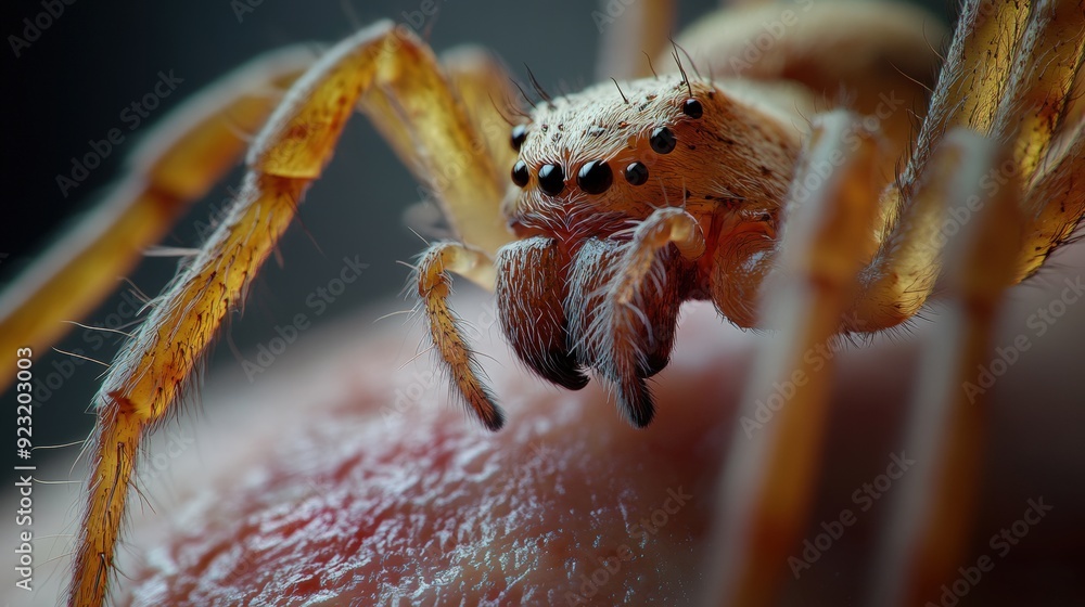 A brown recluse spider crawls on human skin, revealing its notable ...