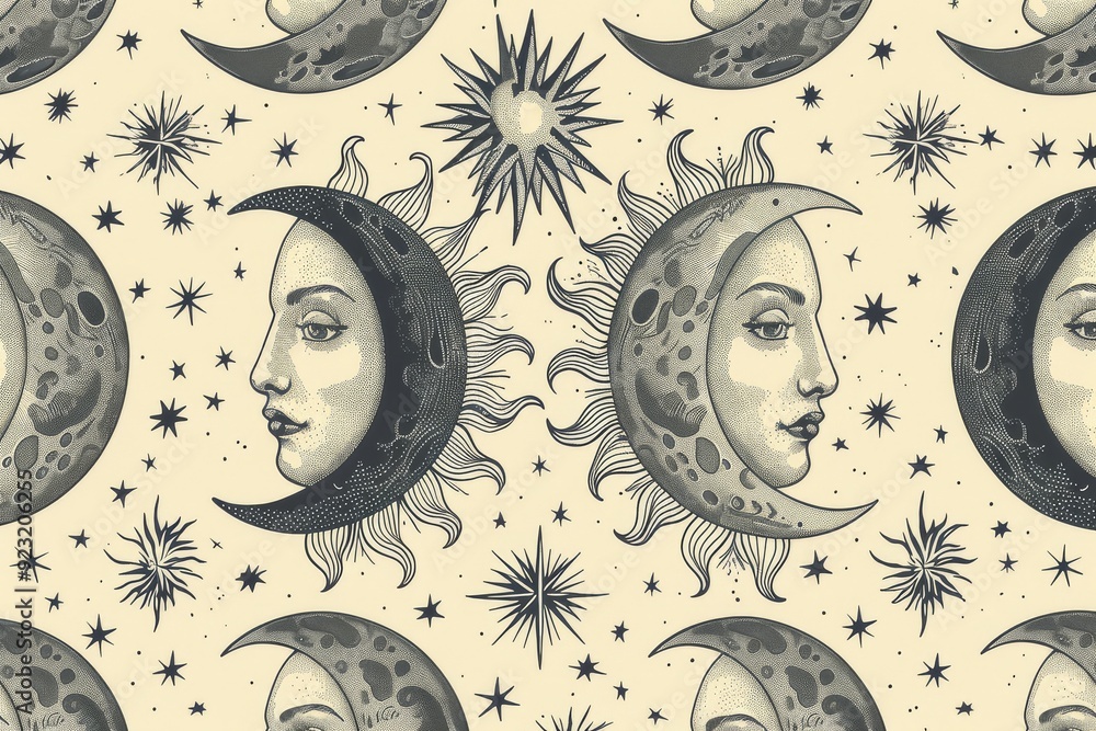 Seamless pattern featuring elegant sun and moon faces with delicate ...