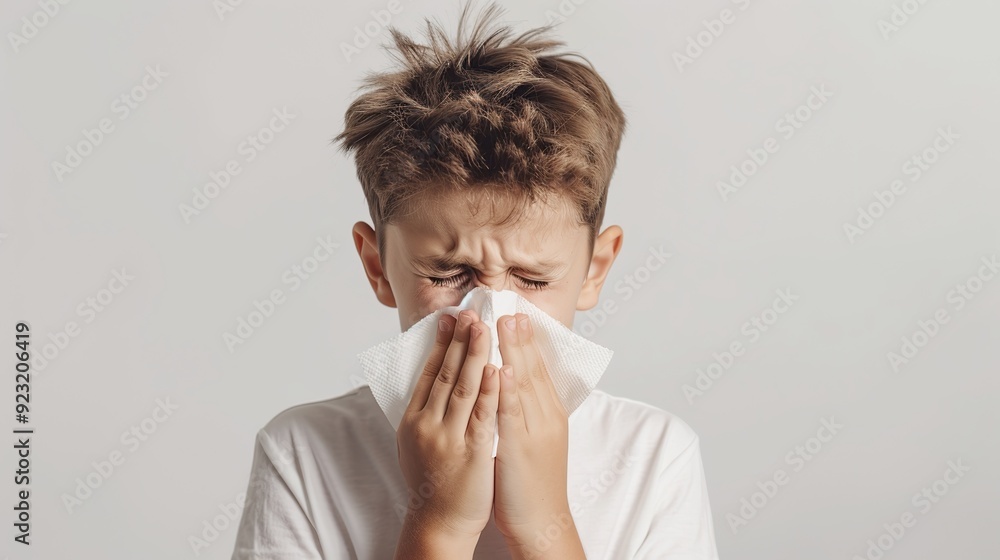 Young boy sneezing into a tissue with a plain white background ...