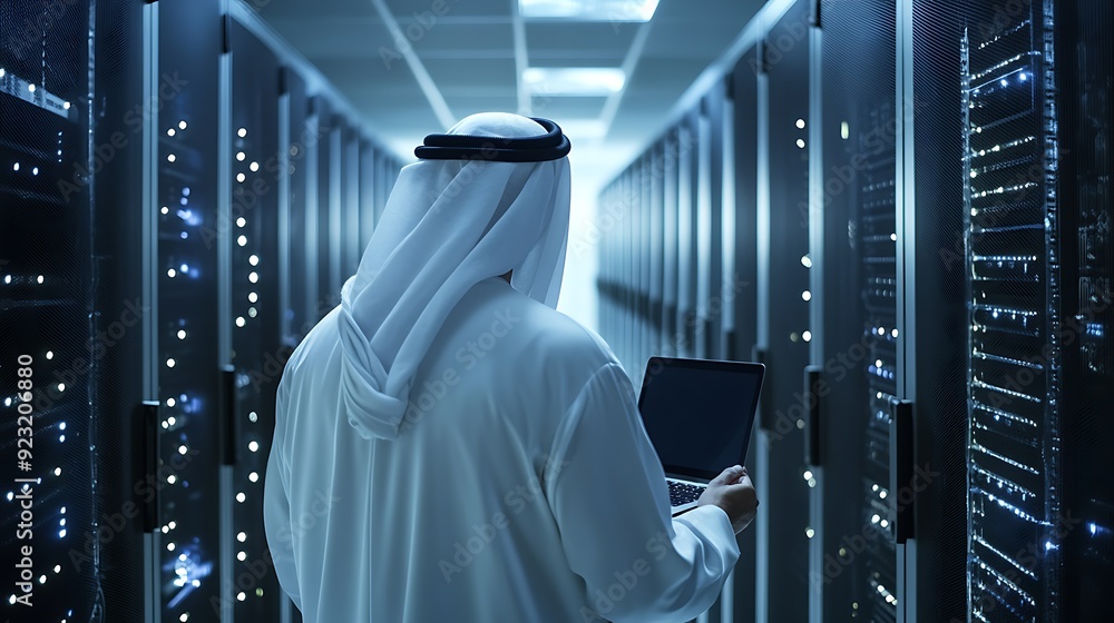 An Arab Saudi man in a server room. A man in traditional Middle Eastern ...