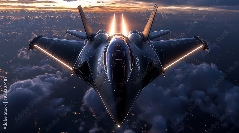 A sci-fi illustration of a high-tech fighter jet breaking through the ...