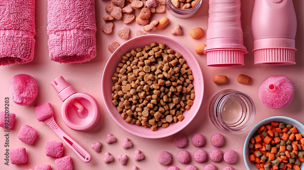 pet care supplies including a bowl of nutritious pet food a handy water ...