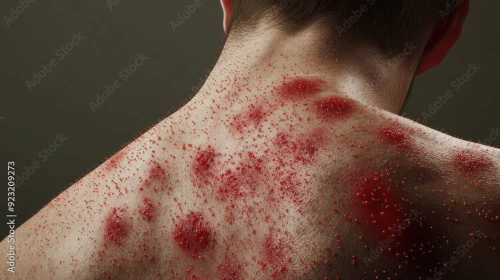 Close-up of hives affecting the skin on the back, illustrating the ...