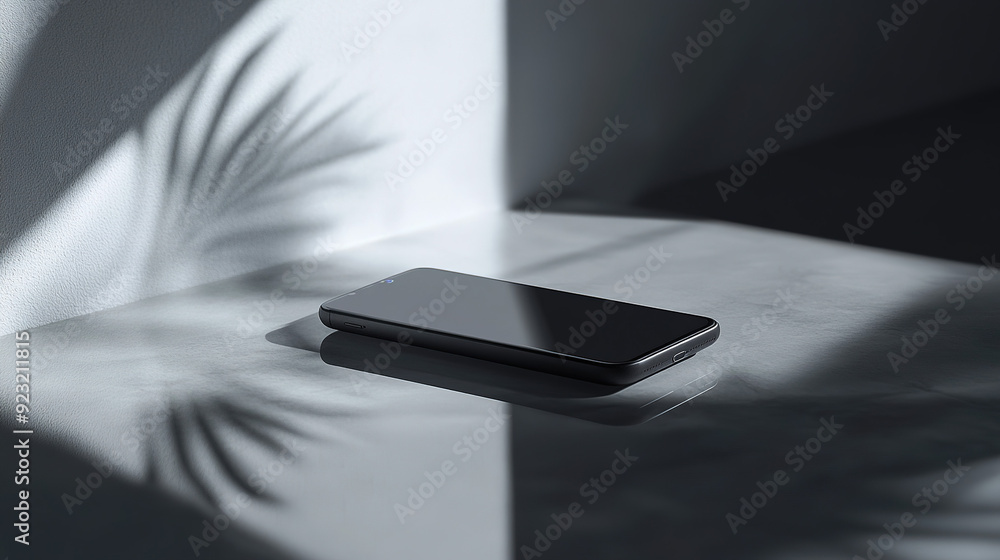 Minimalist product photography setup with a sleek smartphone on a ...