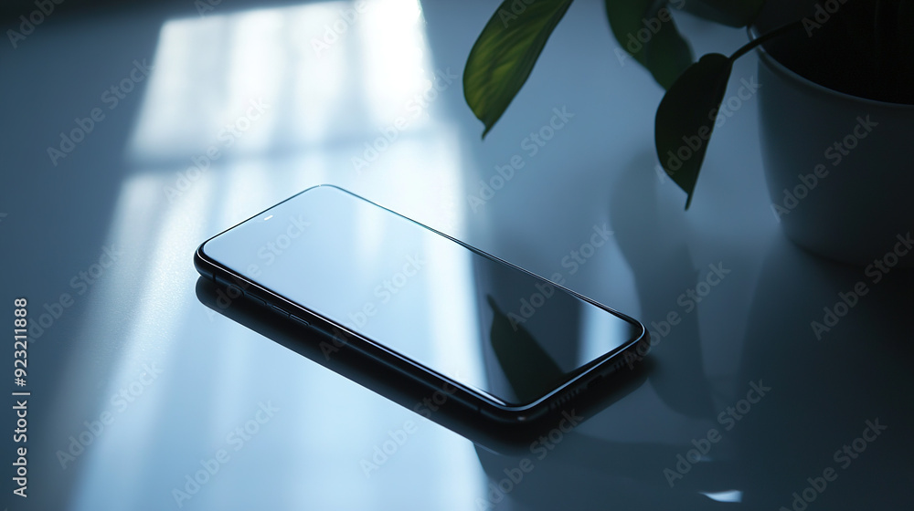 Minimalist product photography setup with a sleek smartphone on a ...