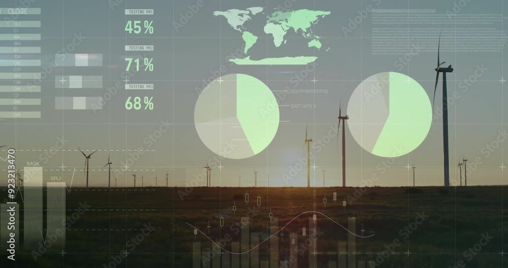 Wind turbines in field with data visualization showing testing ...