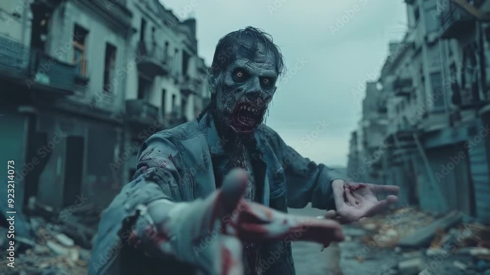 video of furious, bloodied zombie man reaches forward with outstretched ...
