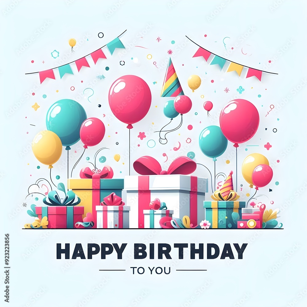 Greeting design for a birthday celebrat featuring gifts and balloon ...