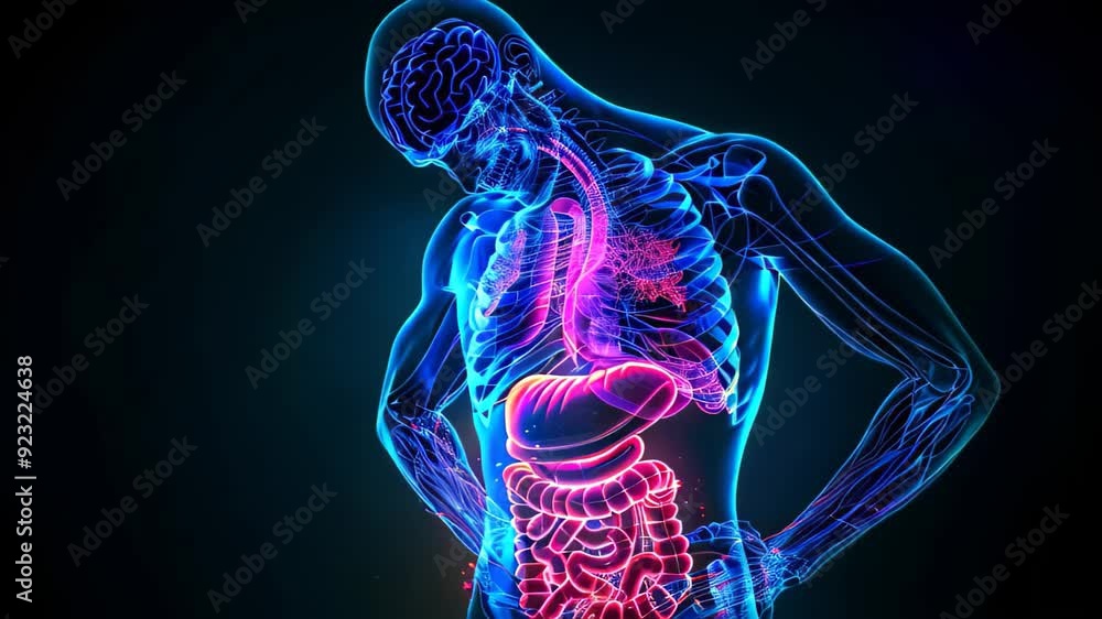 Detailed view of a human body with the stomach area highlighted in ...