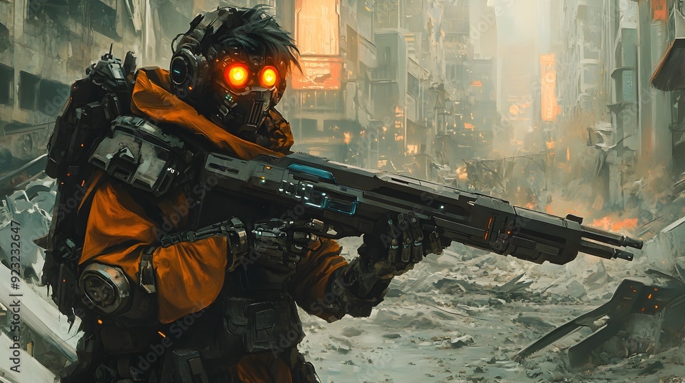 Cyborg Bounty Hunter Stands Amidst Neon-Bathed Ruins Wielding ...