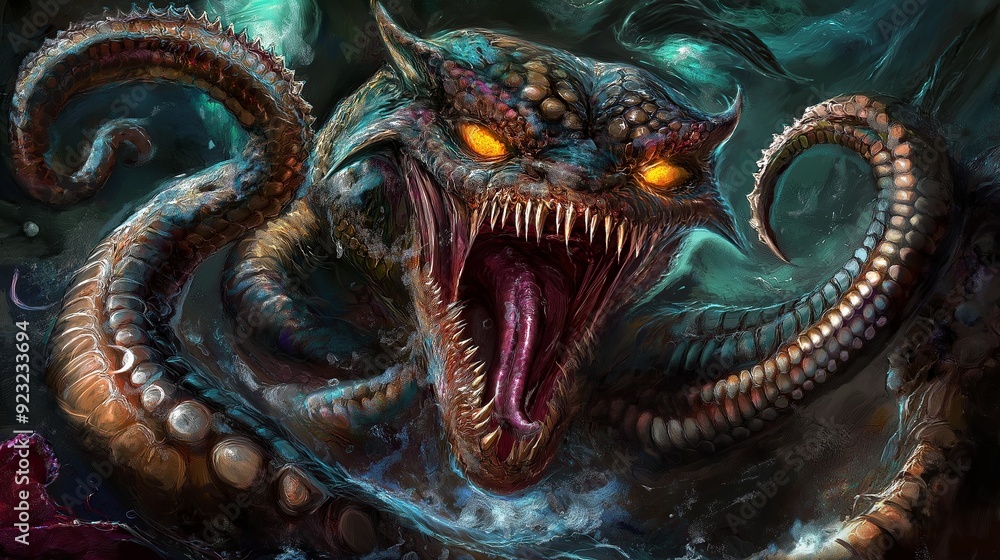 Terrifying sea monster with tentacles, monstrous creature with glowing eyes, fierce underwater ...