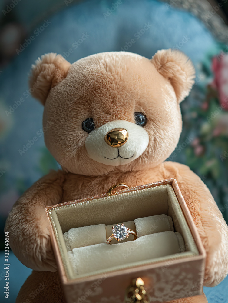 Closeup illustration of a romantic stuffed toy plush bear in the woods ...