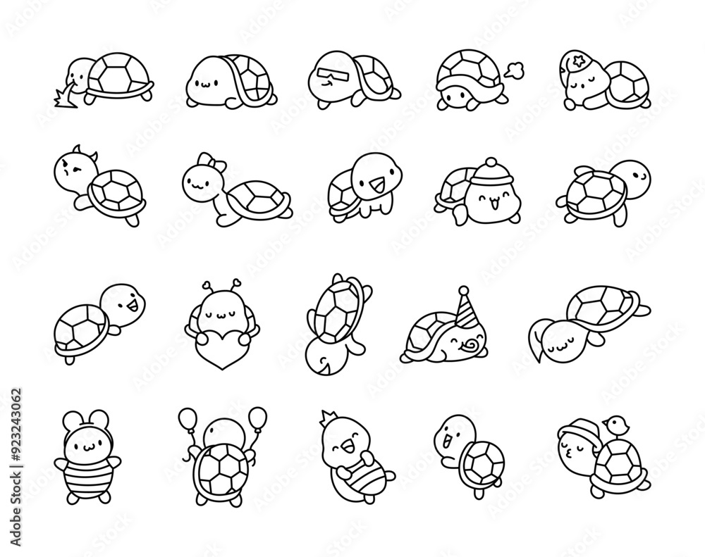Cute kawaii turtles. Coloring Page. Cartoon underwater inhabitants ...