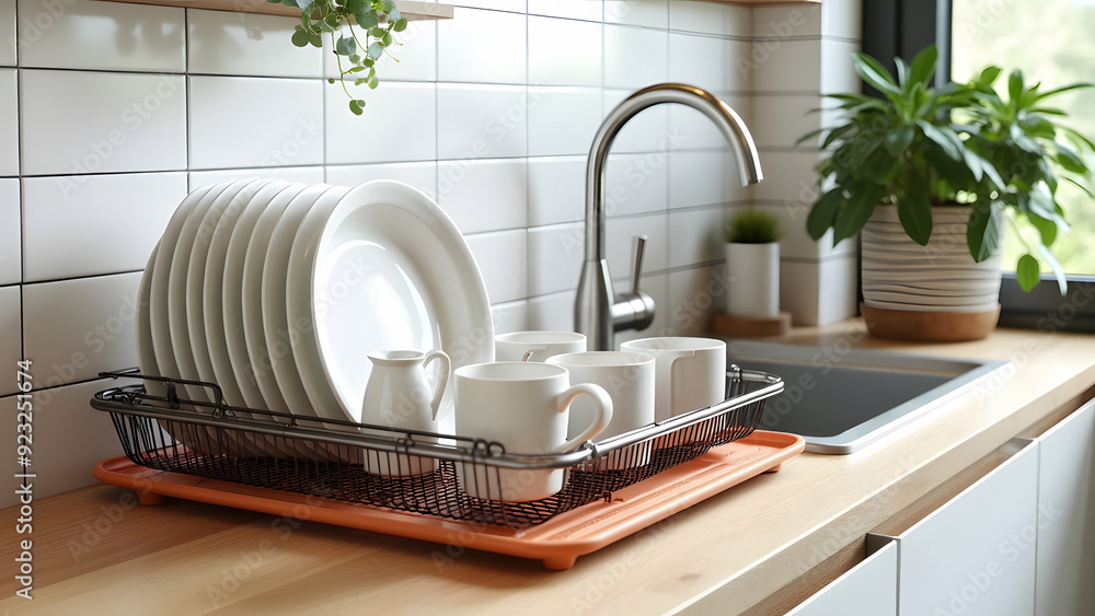 Dish rack holds many dishes and cups against wooden countertop, white ...