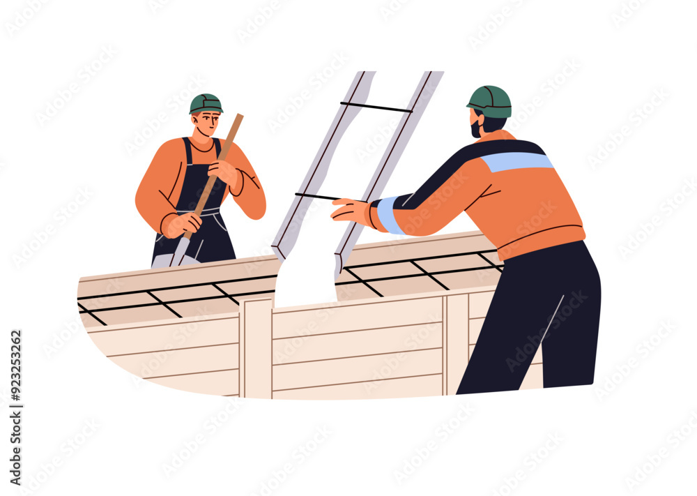 Professional builders pour concrete into wooden formwork. Workers in ...