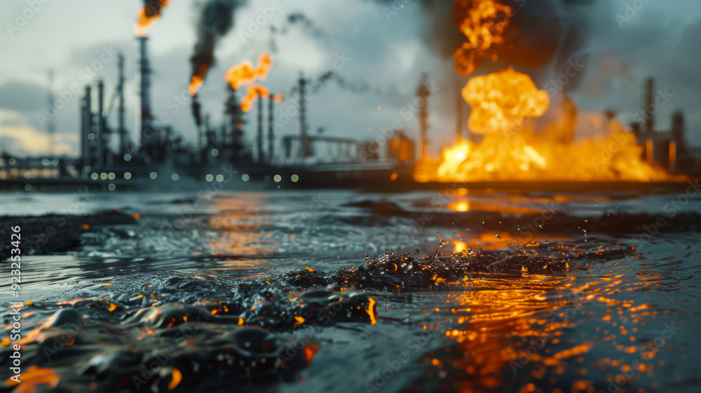 Emergency situation at an industrial plant. The plant catches fire due ...