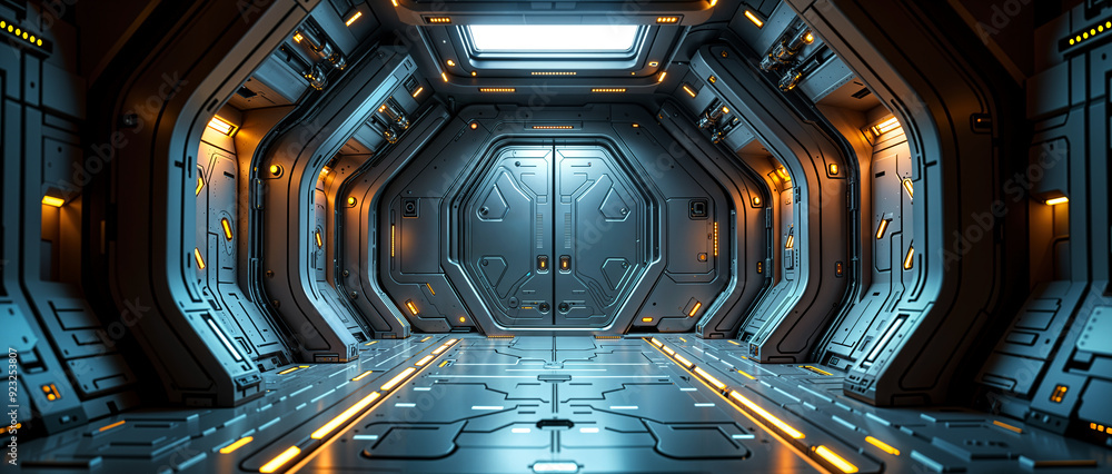Spaceship indoor interior, empty corridor leading to closed blast doors ...