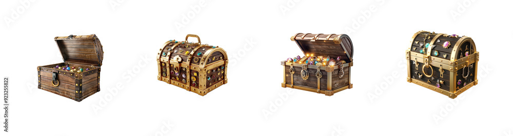 Collection of Treasure chest filled with gold, jewelry, and gems, 3d ...