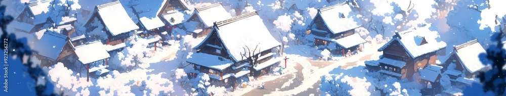 Majestic Anime-Style Winter Wonderland: Aerial View of Unique Snowy ...
