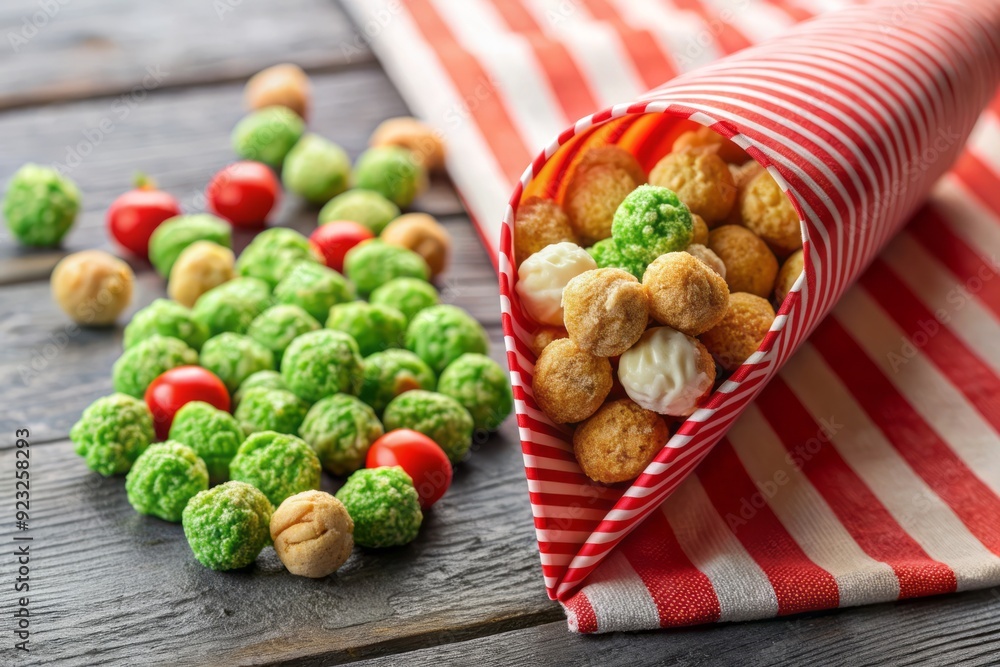Vibrant colored Japanese-inspired snack foods, including wasabi peas ...