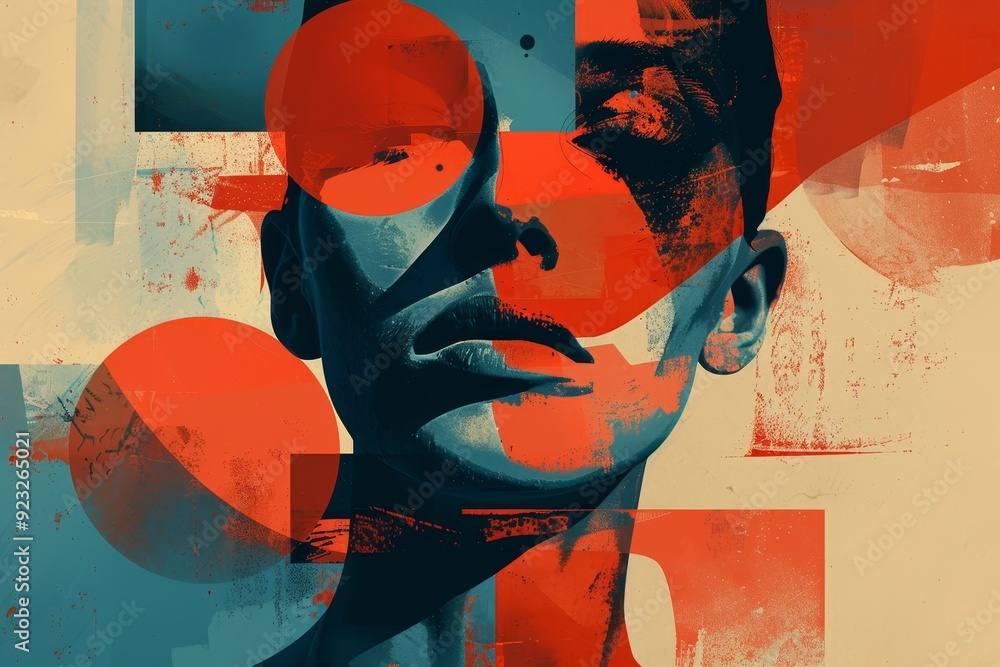 image of a stylized figure composed of abstract shapes in a bold color ...