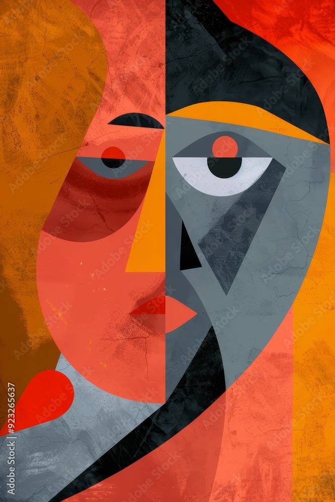image of a stylized figure composed of abstract shapes in a bold color ...