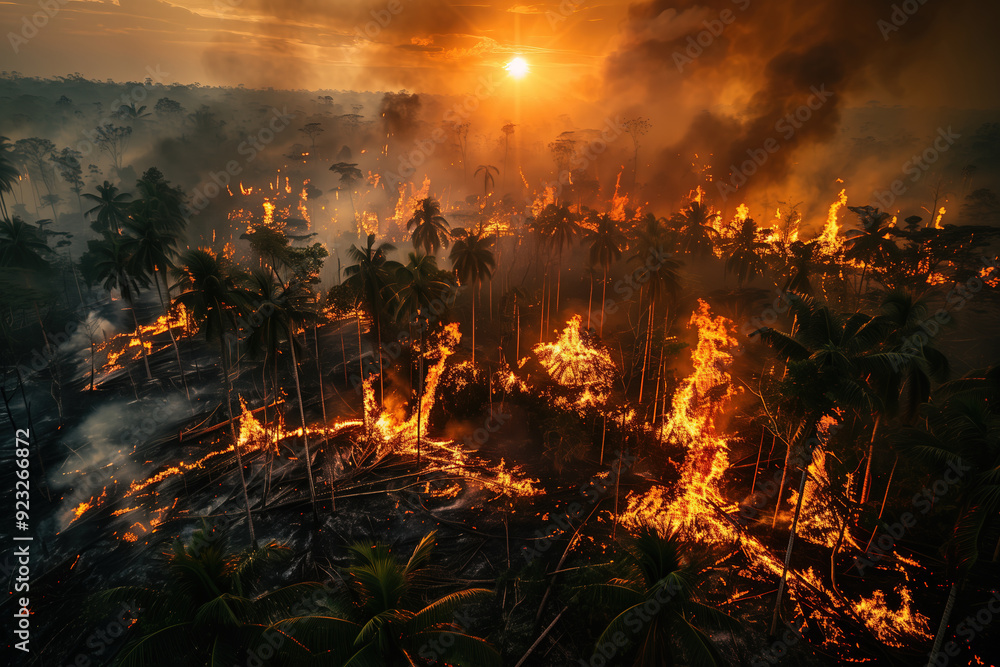 Tropical rainforest fire with thick clouds of smoke against backdrop of ...