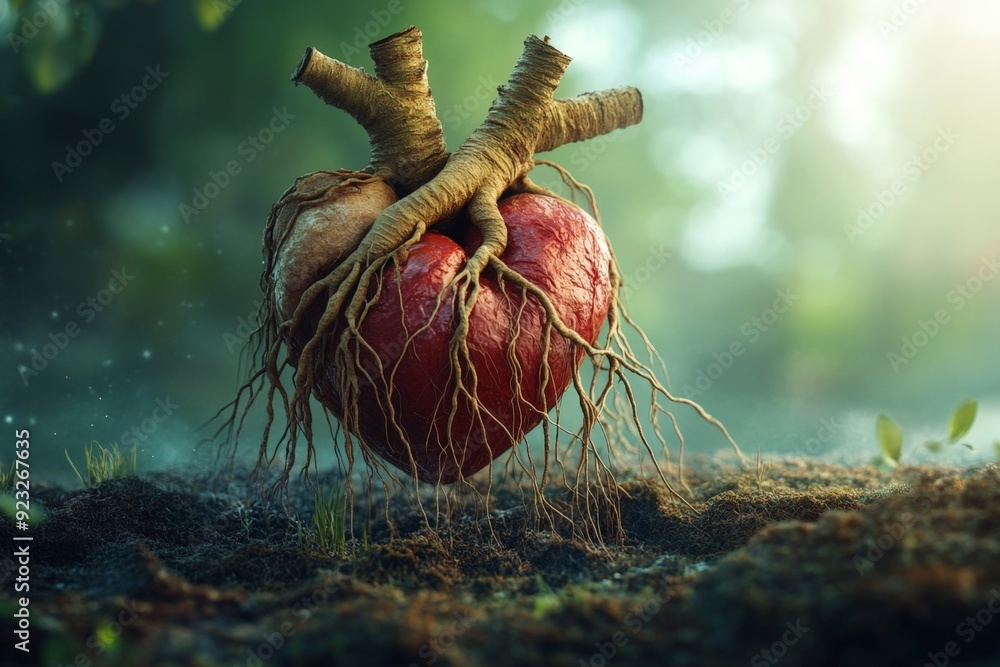 Surrealistic artwork of a human heart with roots growing into the ...