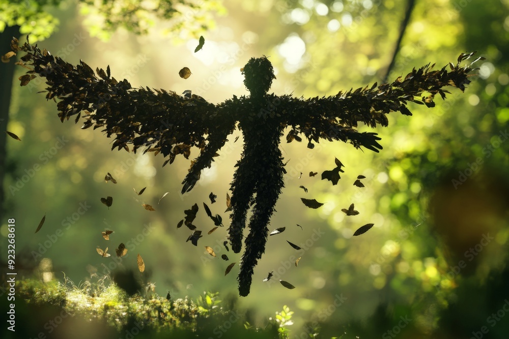 Surrealistic image of a human figure with wings made of leaves, flying ...