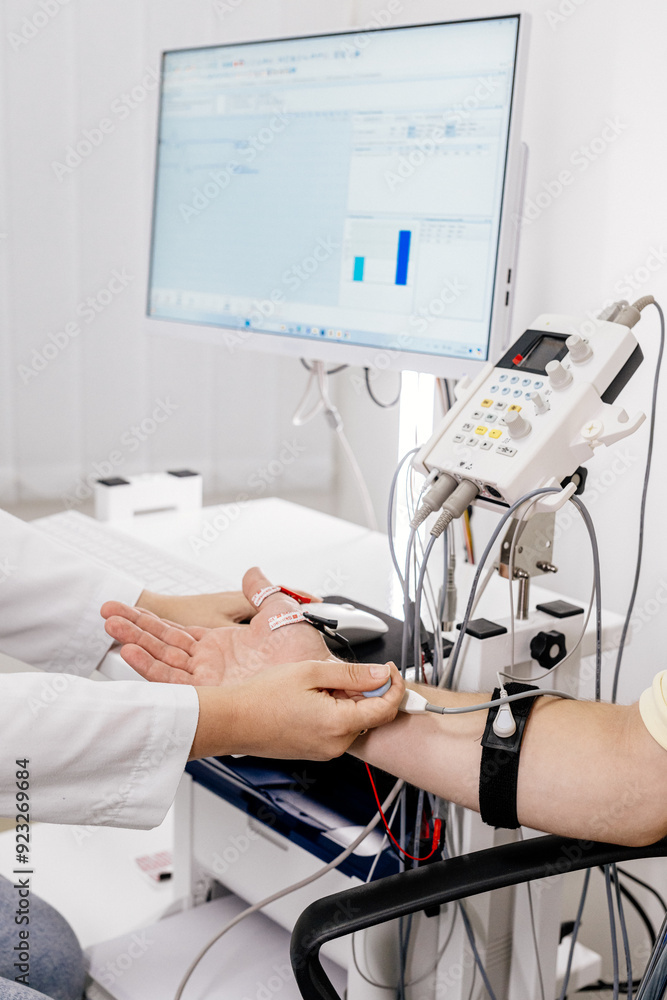 The patient undergoes an electromyography (EMG) test to assess nerve ...