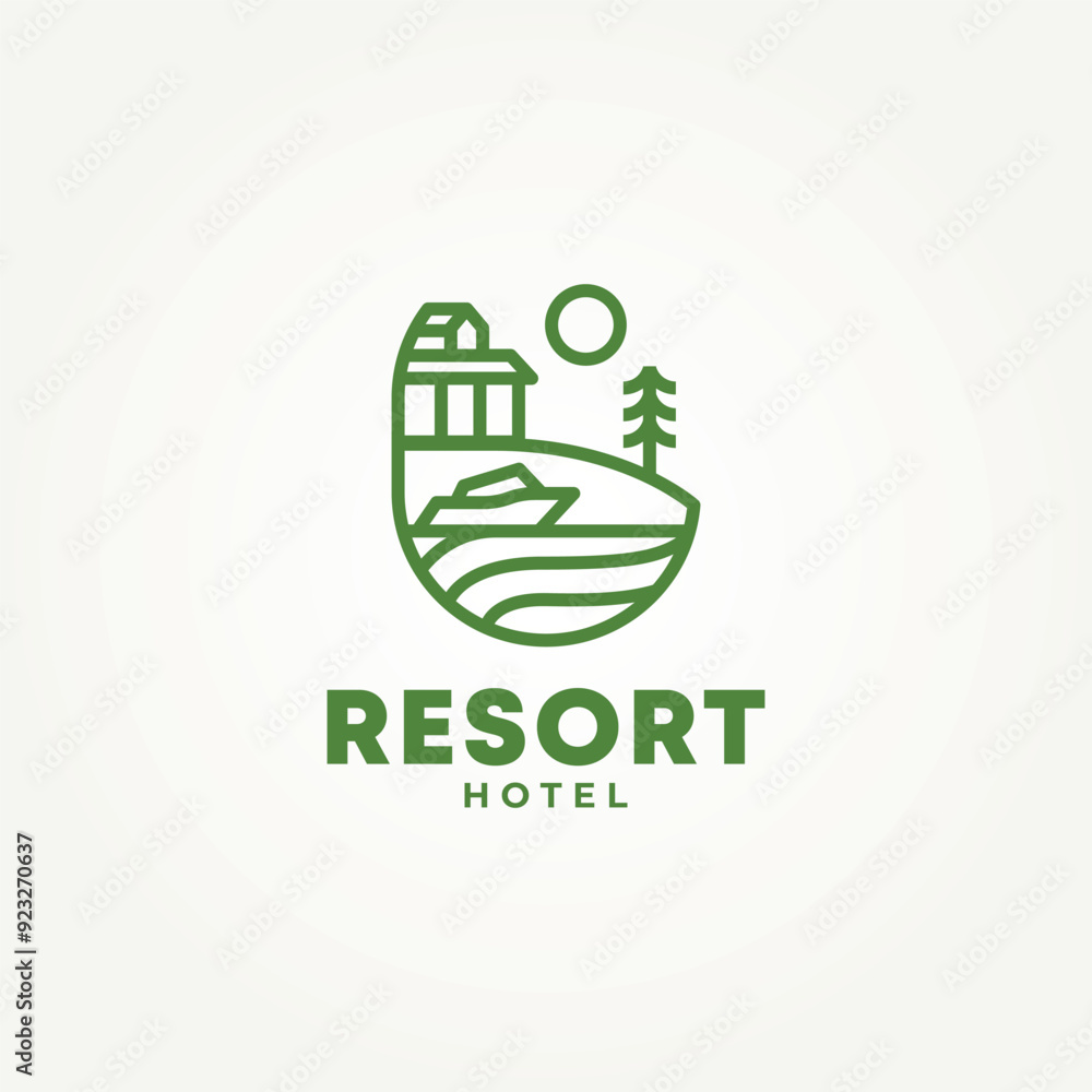 minimalist resort hotel with the lake line art icon logo vector ...