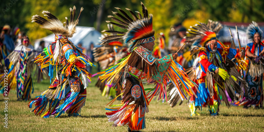 Photo Traditional Native American powwow with dancers in colorful regalia performing in a circle ...