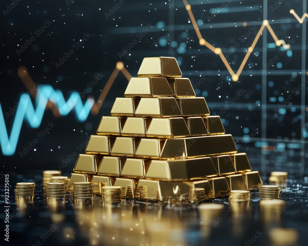 Gold bars stacked like a pyramid overlaid with portfolio graphs ...