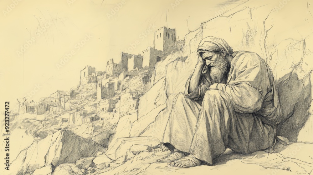 Biblical Illustration of The Fall of Jerusalem and the Exile: Prophet Jeremiah Weeping Among the ...