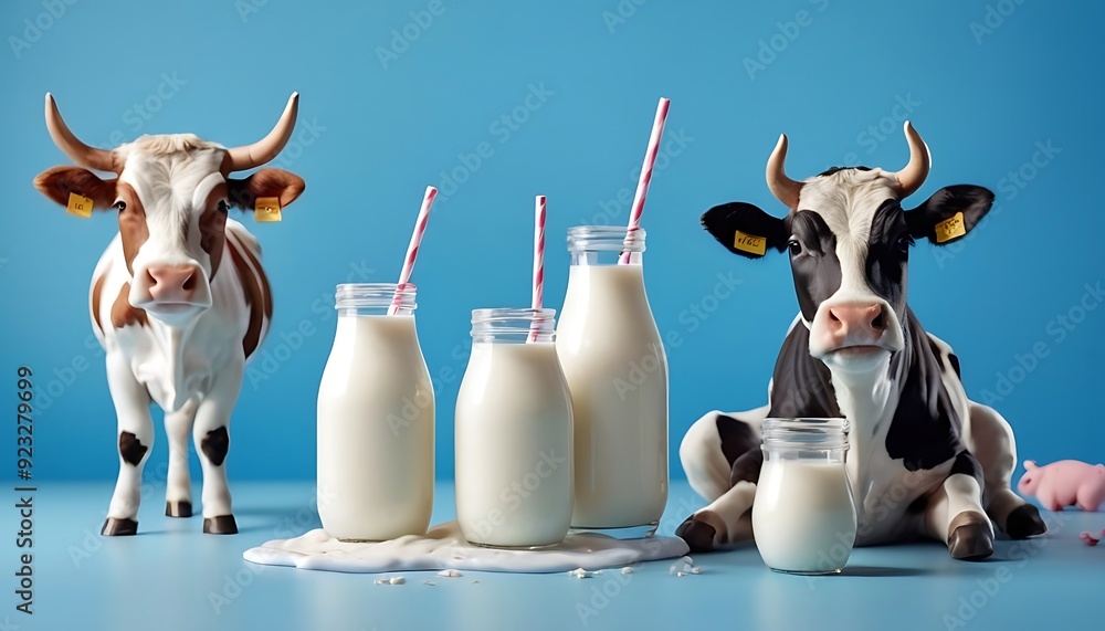 Cow dairy cattle with milk liquid splashing on solid color background ...
