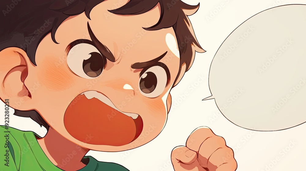 Angry cartoon boy shouting with blank speech bubble A close-up of an ...