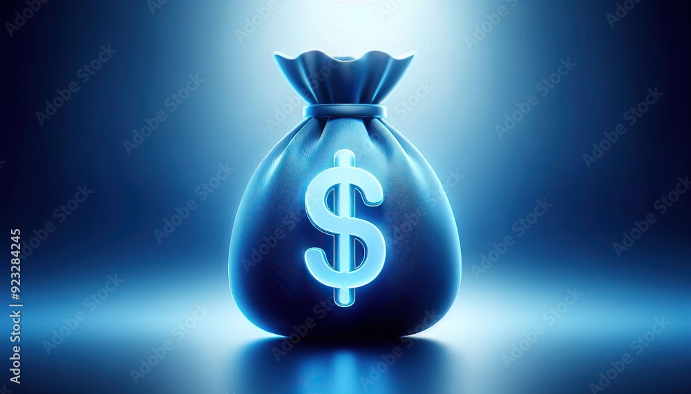 blue money bag with dollar sign glowing against a blue gradient ...